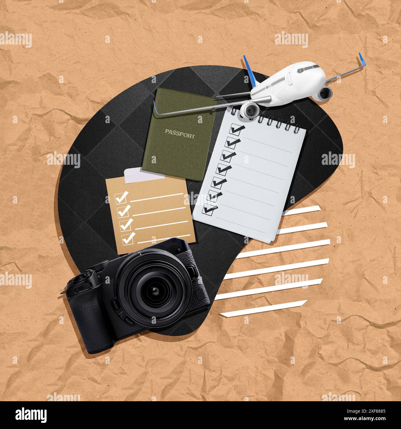 Checkmark list with camera and passport for traveling on a colored ...