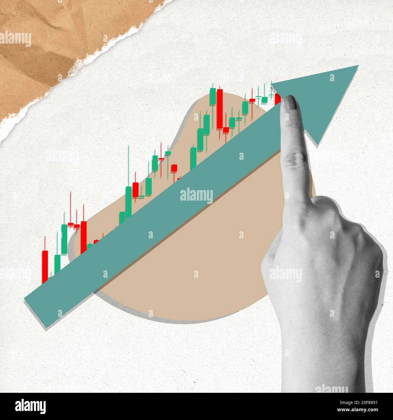 The human hand pointing to a rising chart arrow with a colored ...