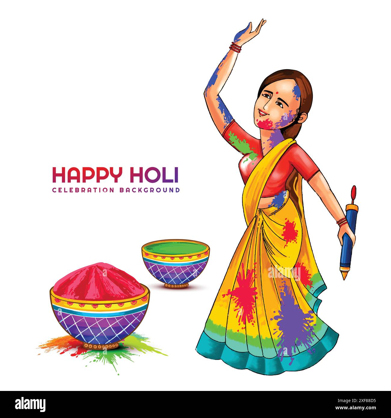 Hand draw fun women character celebrate colorful holi card background ...