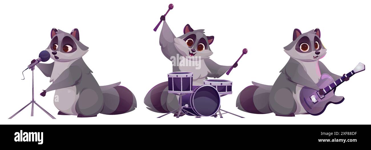 Cute raccoon character playing musical instrument and singing song with ...
