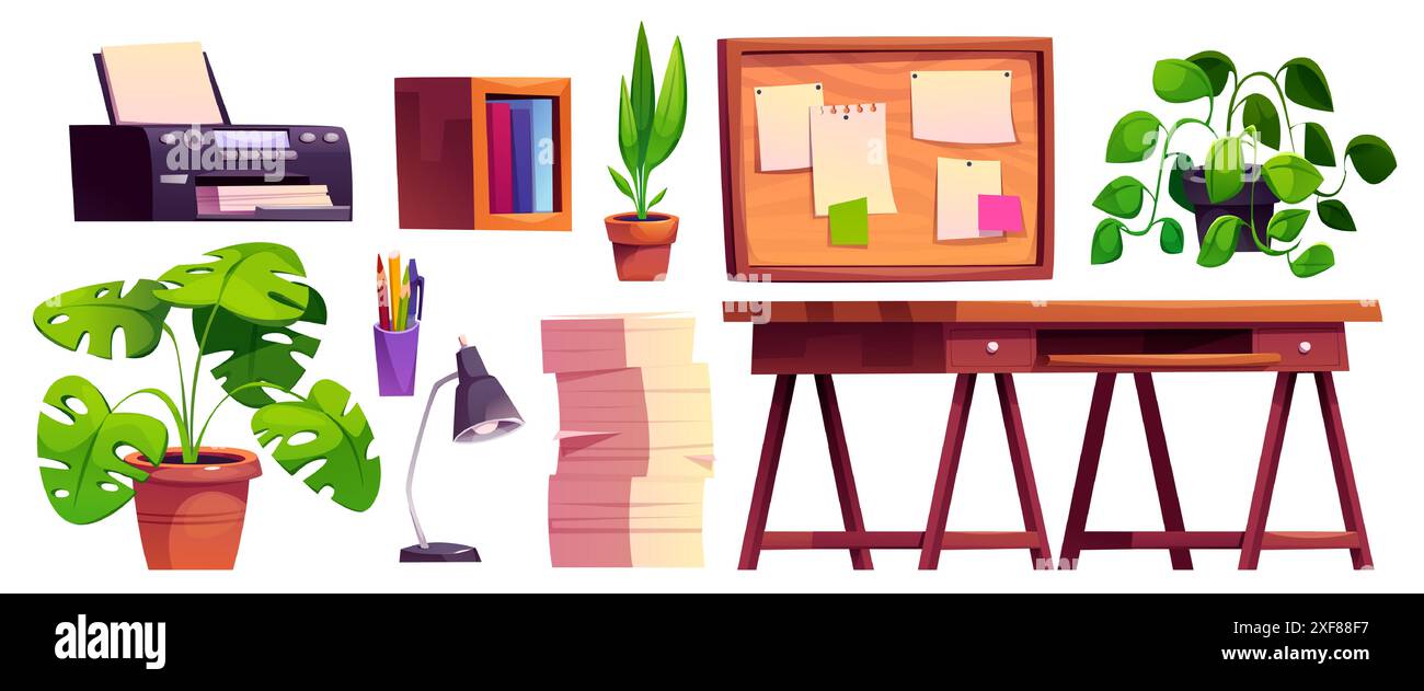 Home office furniture and equipment. Cartoon vector set of wooden desk ...