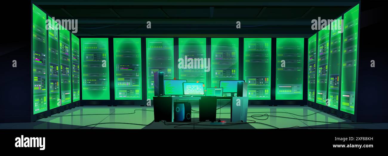 Data center interior with green glow supercomputer and control panel in ...