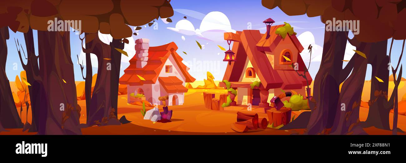 Cozy village houses in autumn forest with orange trees and grass, wood ...