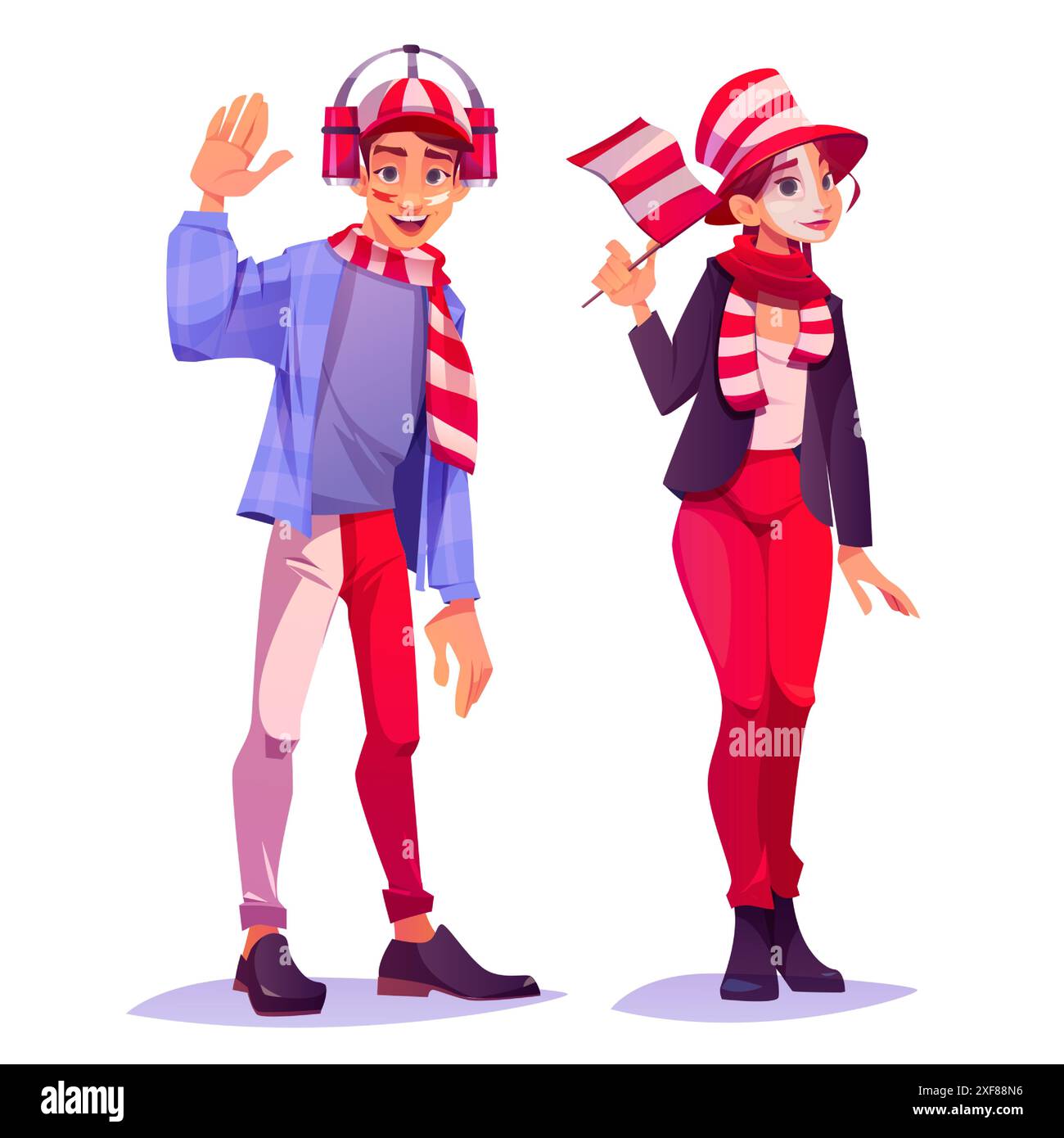 Football fan characters with red and white sport supporter attributes ...