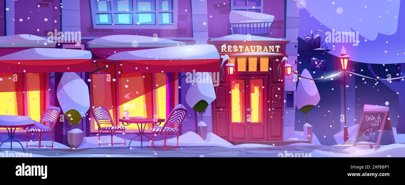 City street with pedestrian and cafe facade at winter. Cartoon vector ...