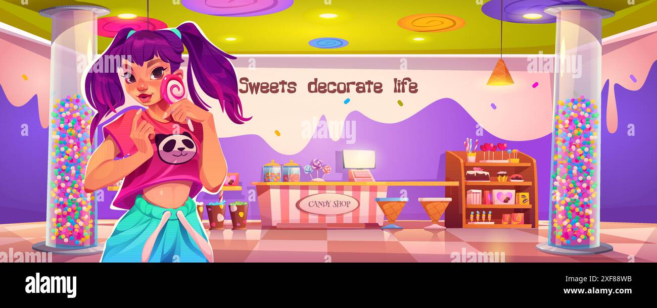 Cute young woman with lollipop in candy shop interior with different ...