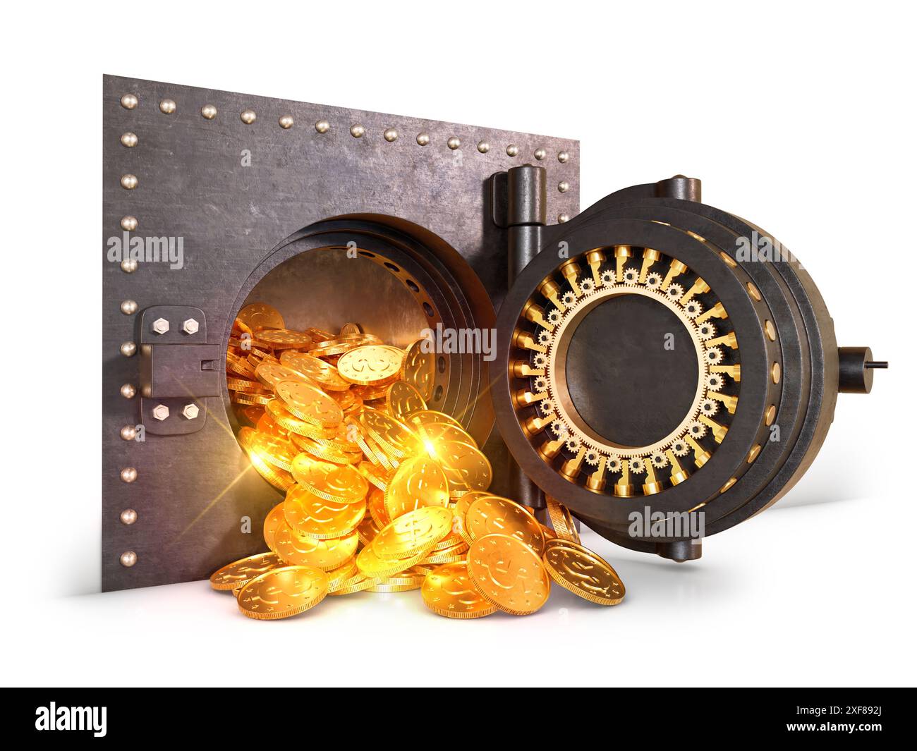 Heavy door opening in a bank safe from which gold coins with a dollar ...