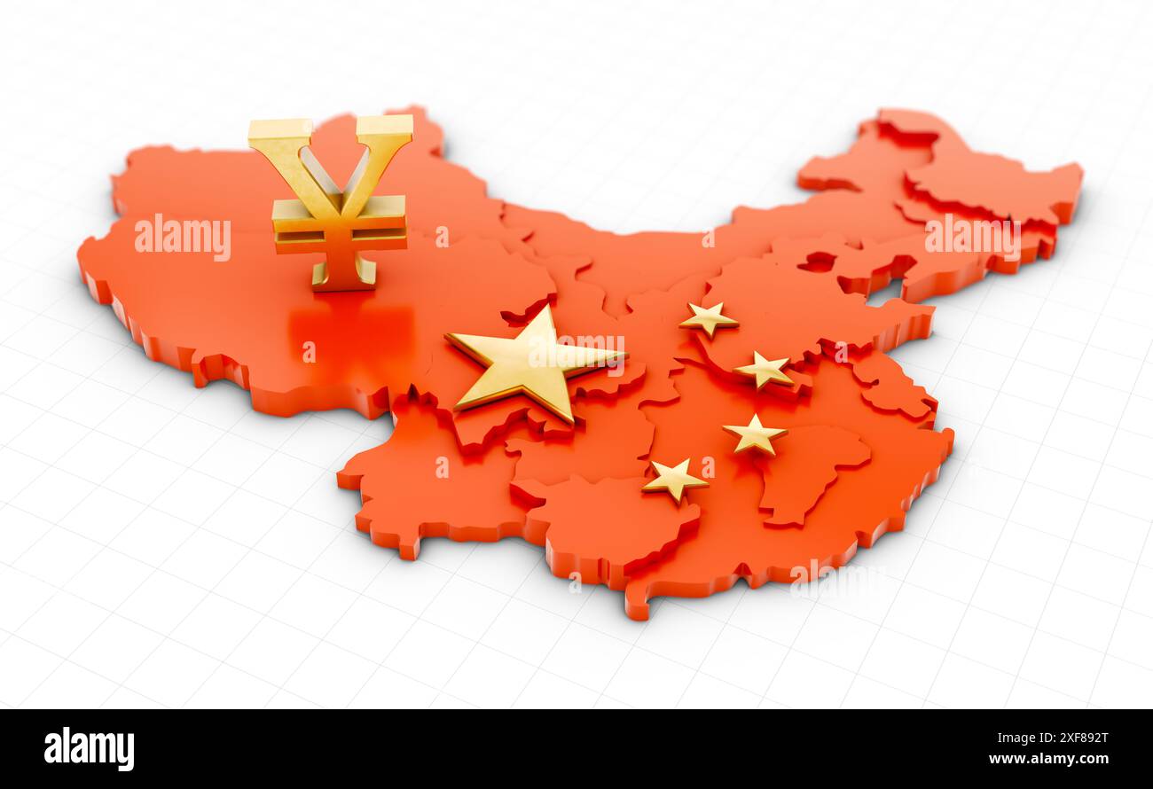 Golden sign of the yuan on the map of China. 3d rendering Stock Photo ...