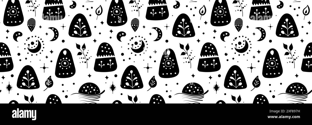 Seamless neo folk art vector pattern with mountains, moon and flowers ...