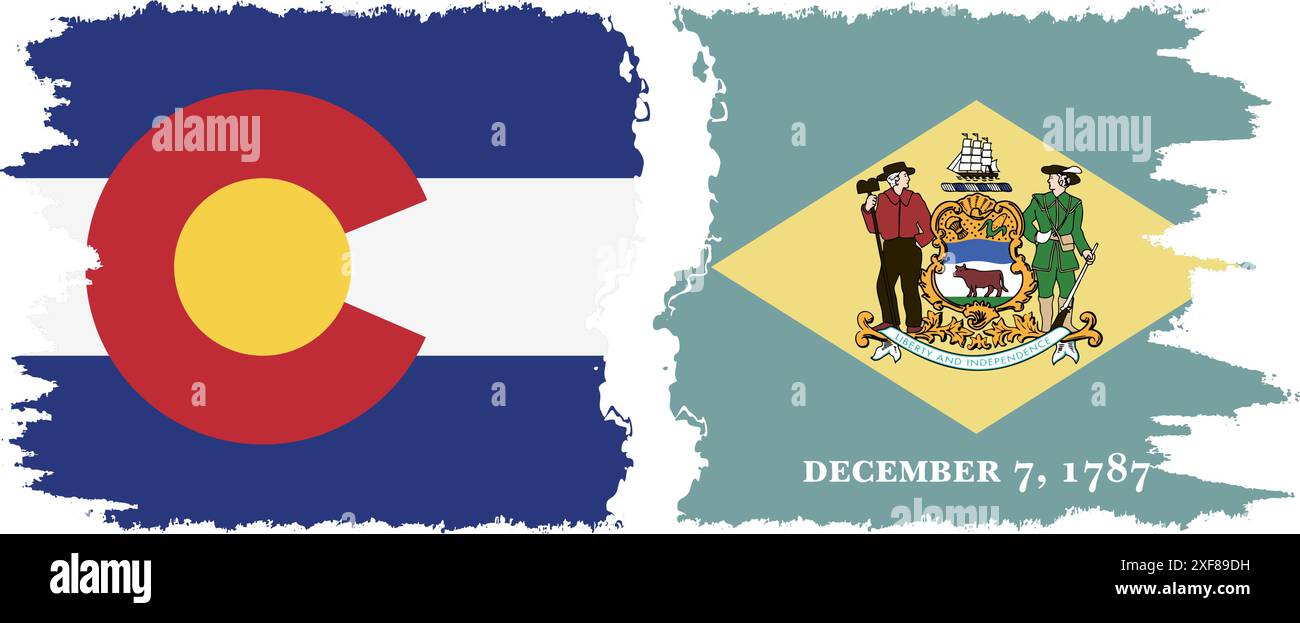 Delaware and Colorado states grunge brush flags connection, vector ...