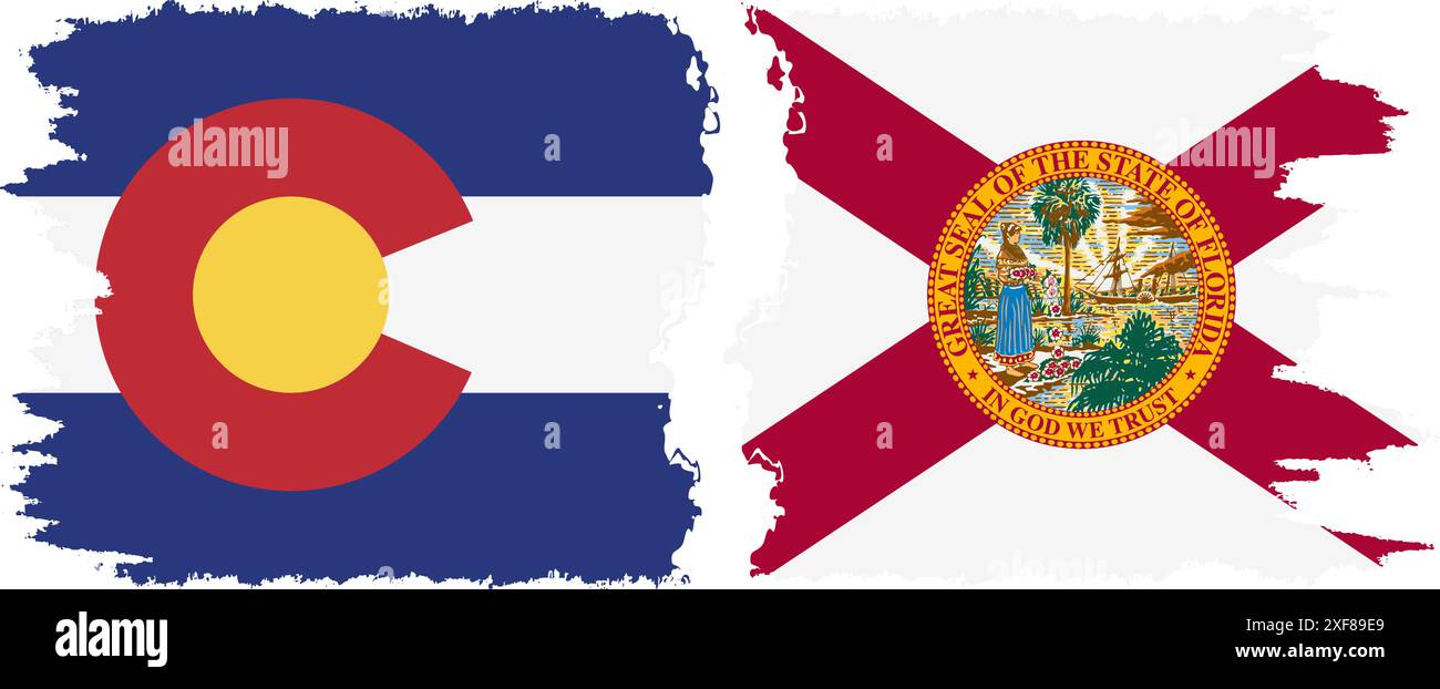 Florida and Colorado states grunge brush flags connection, vector Stock ...