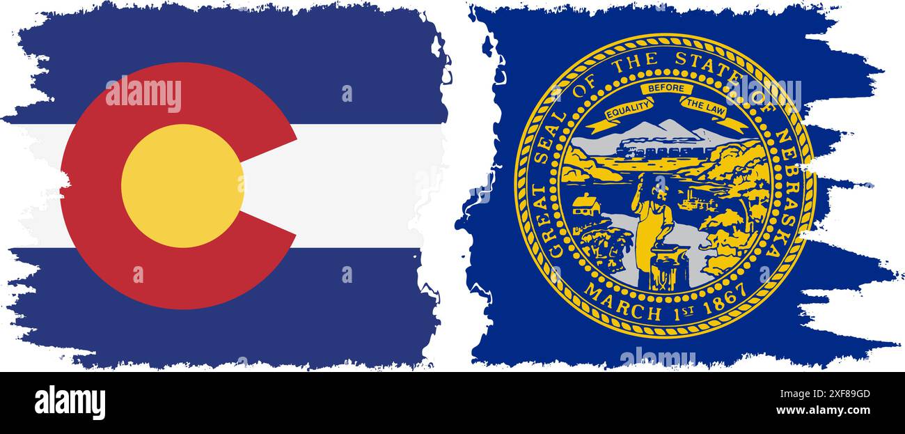 Nebraska and Colorado states grunge brush flags connection, vector ...
