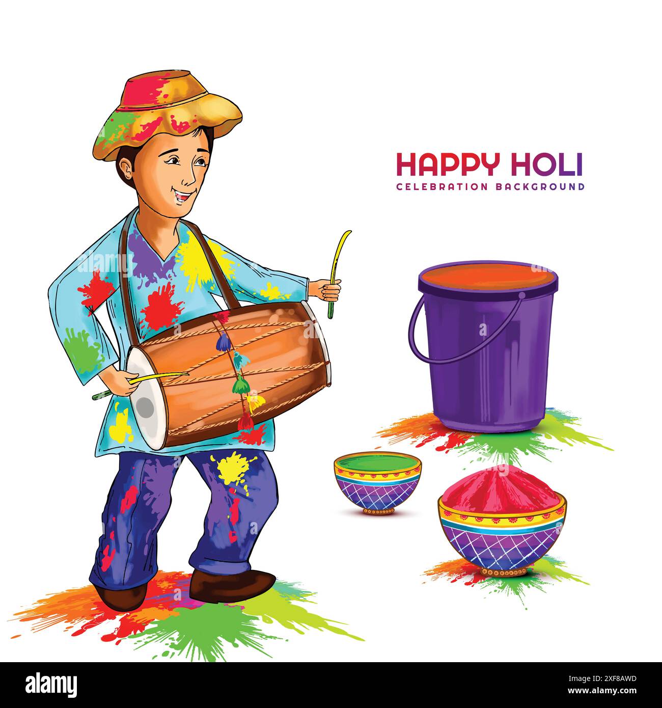 Hand draw fun man character celebrate colorful holi card background ...