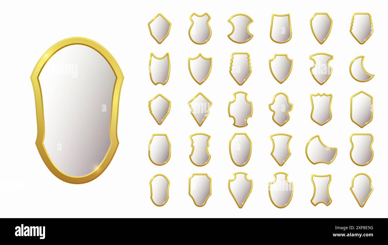 Set of realistic golden heraldic shields. Glass and glossy shield ...