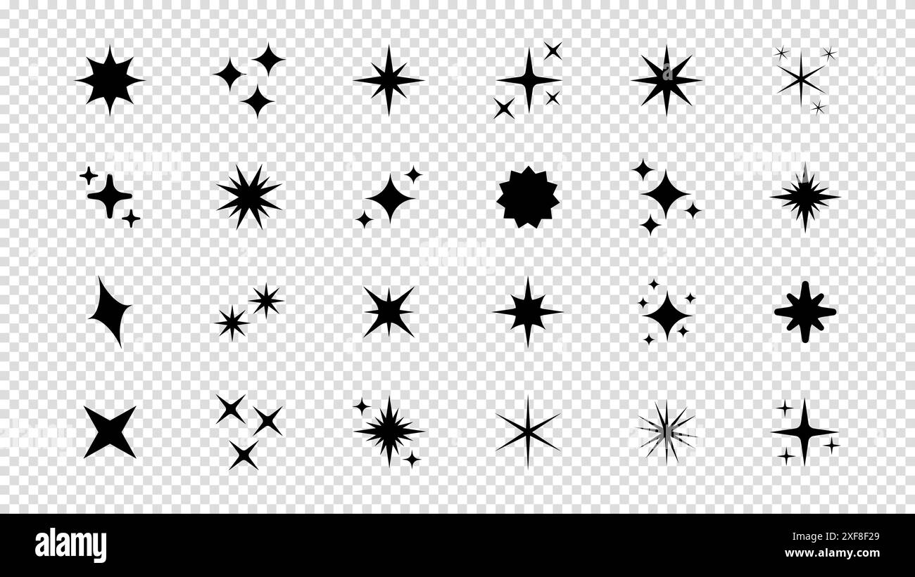 Set of original star sparkle shapes. Abstract shine effect vector sign. Retro futuristic bright ...