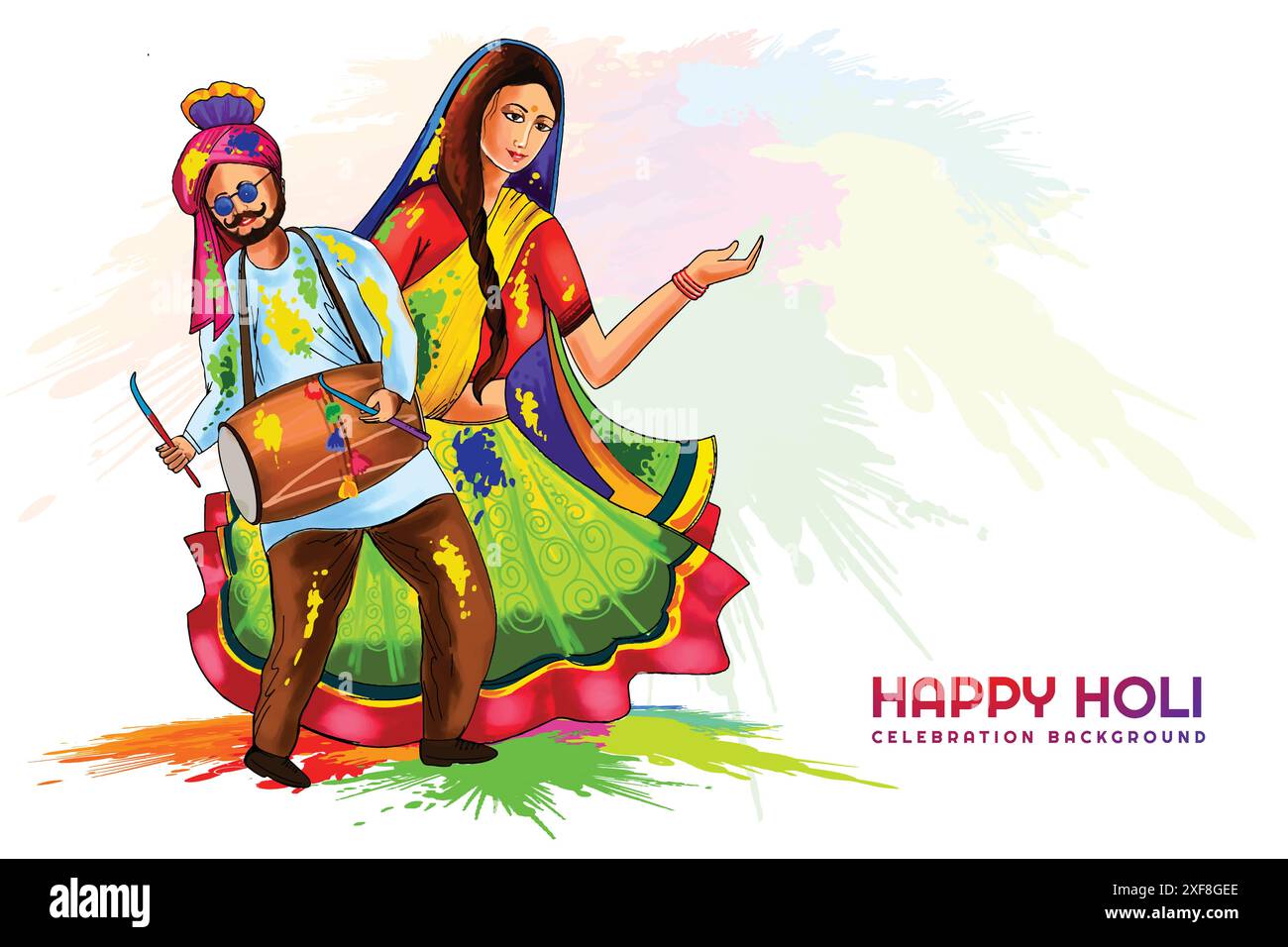 Hand draw fun couple dance celebration festival colorful holi card ...