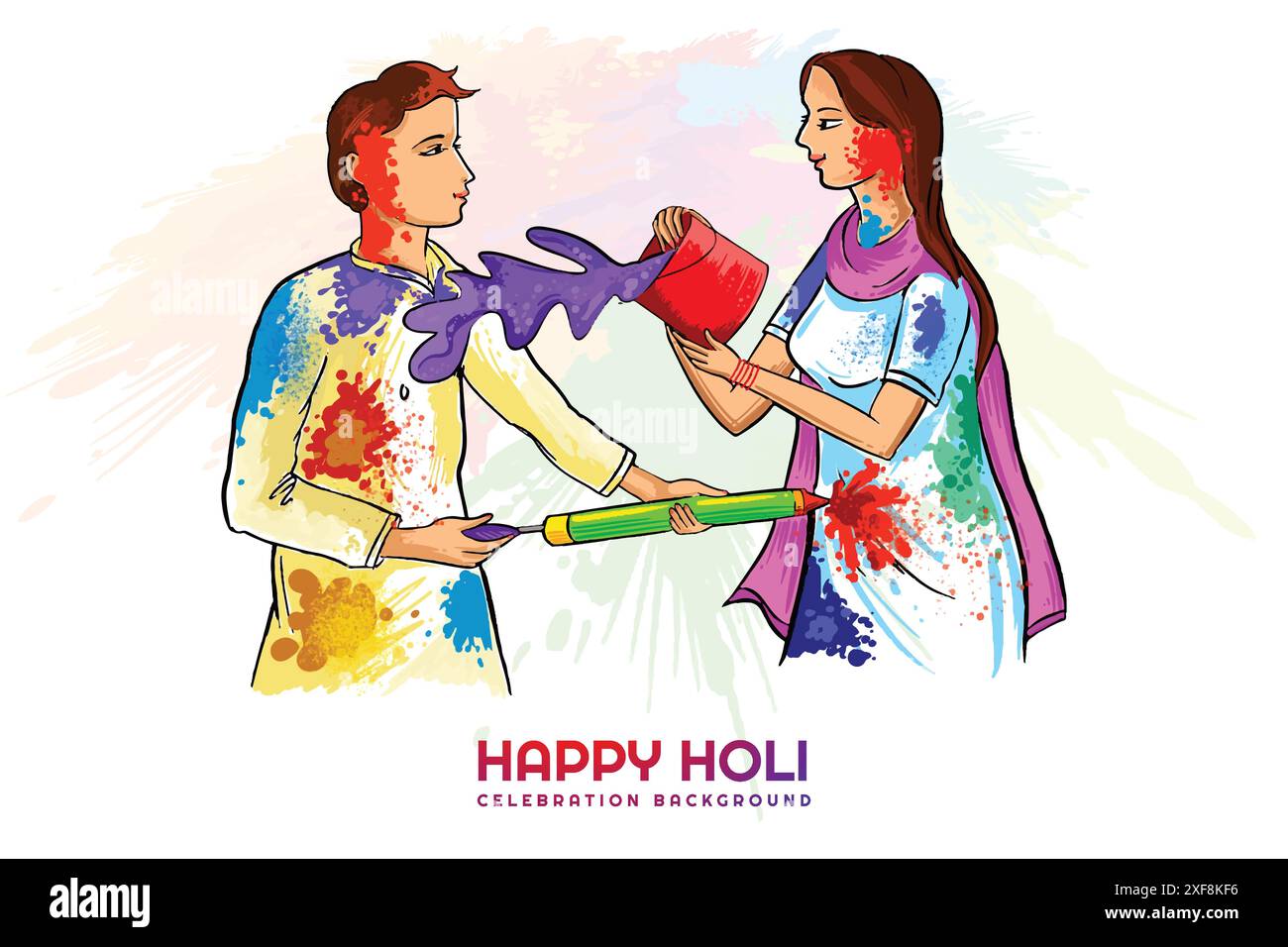 Hand draw fun couple dance celebrate colorful holi card background ...