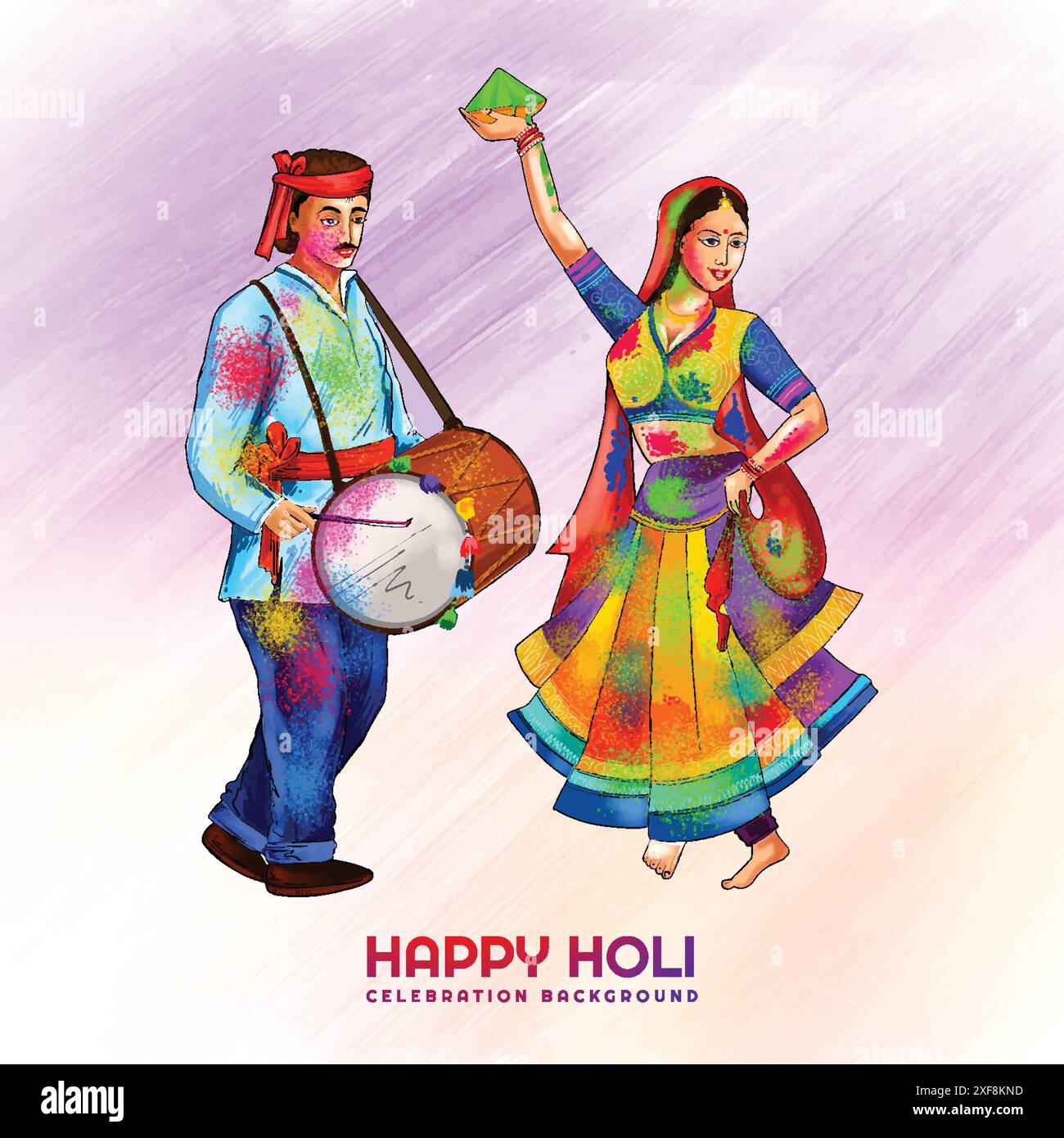 Hand draw fun couple dance celebrate colorful holi card background ...
