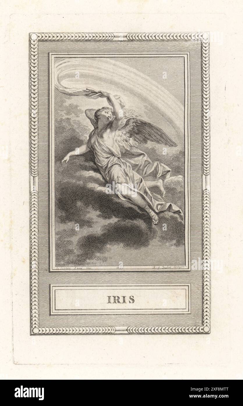 Iris, Greek goddess of rainbows., messenger of Hera. Winged woman painting a rainbow in the sky ...