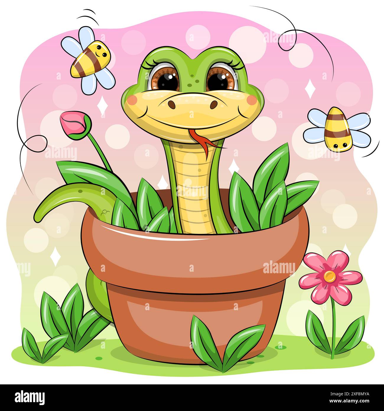 Cute cartoon green snake in a flower pot with bees and flowers. Vector ...
