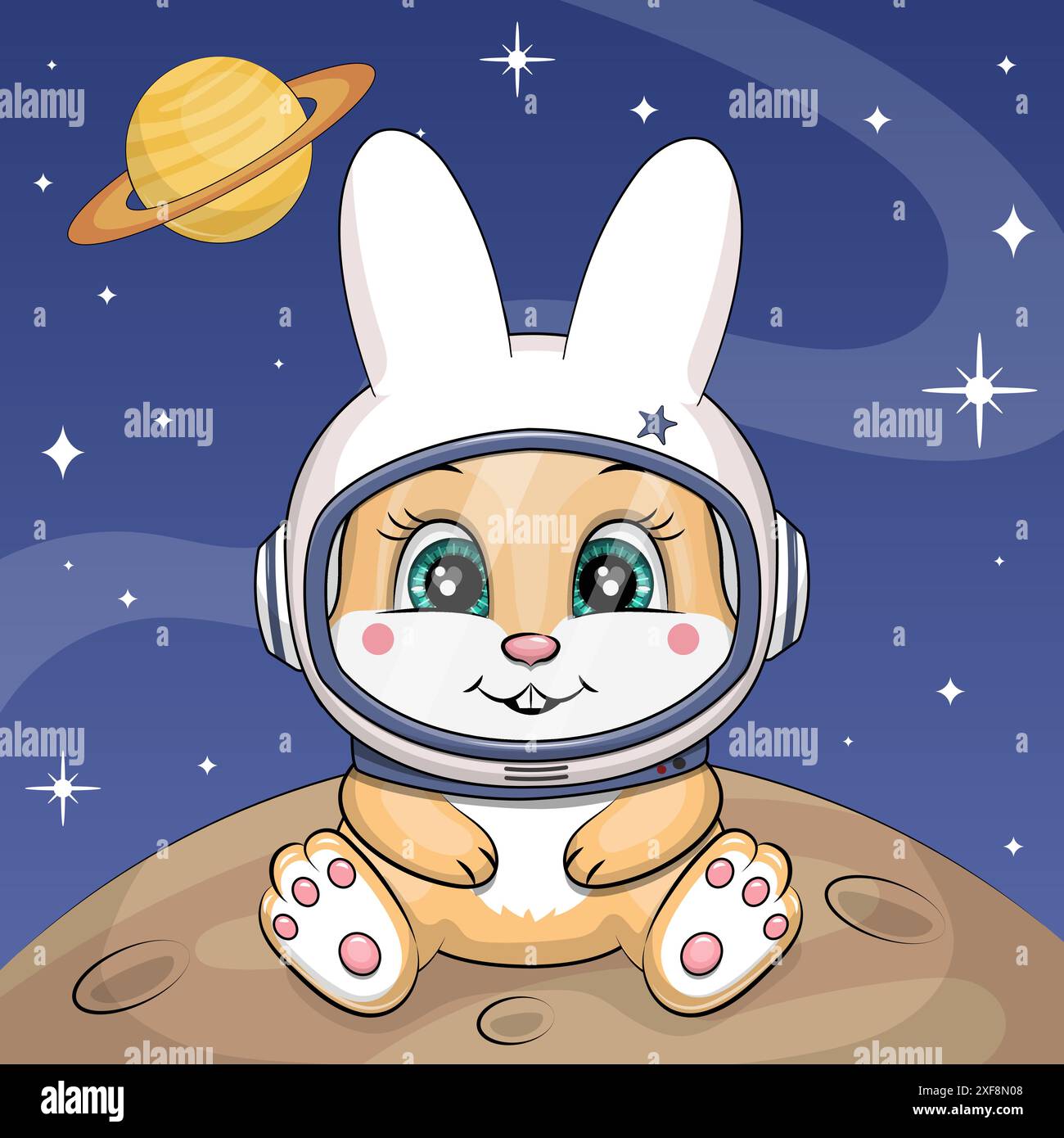 A cute cartoon baby rabbit astronaut is sitting on the planet. Vector illustration of an animal ...