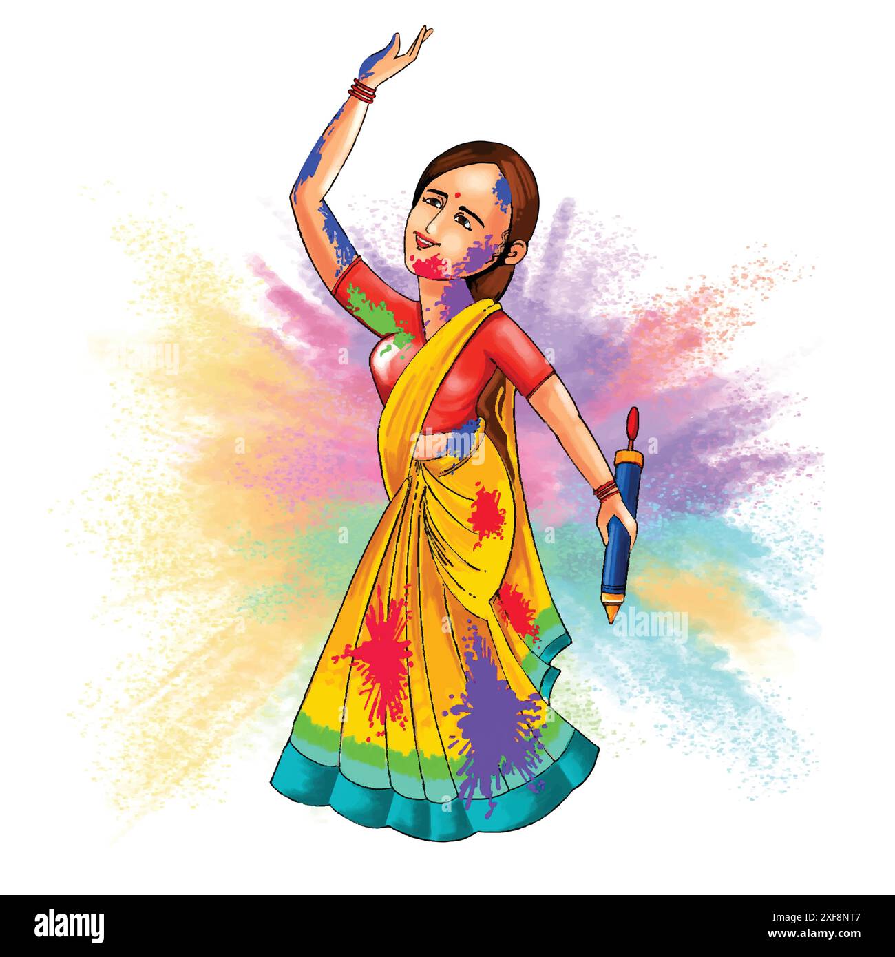 Hand draw fun women character celebrate colorful holi card background ...