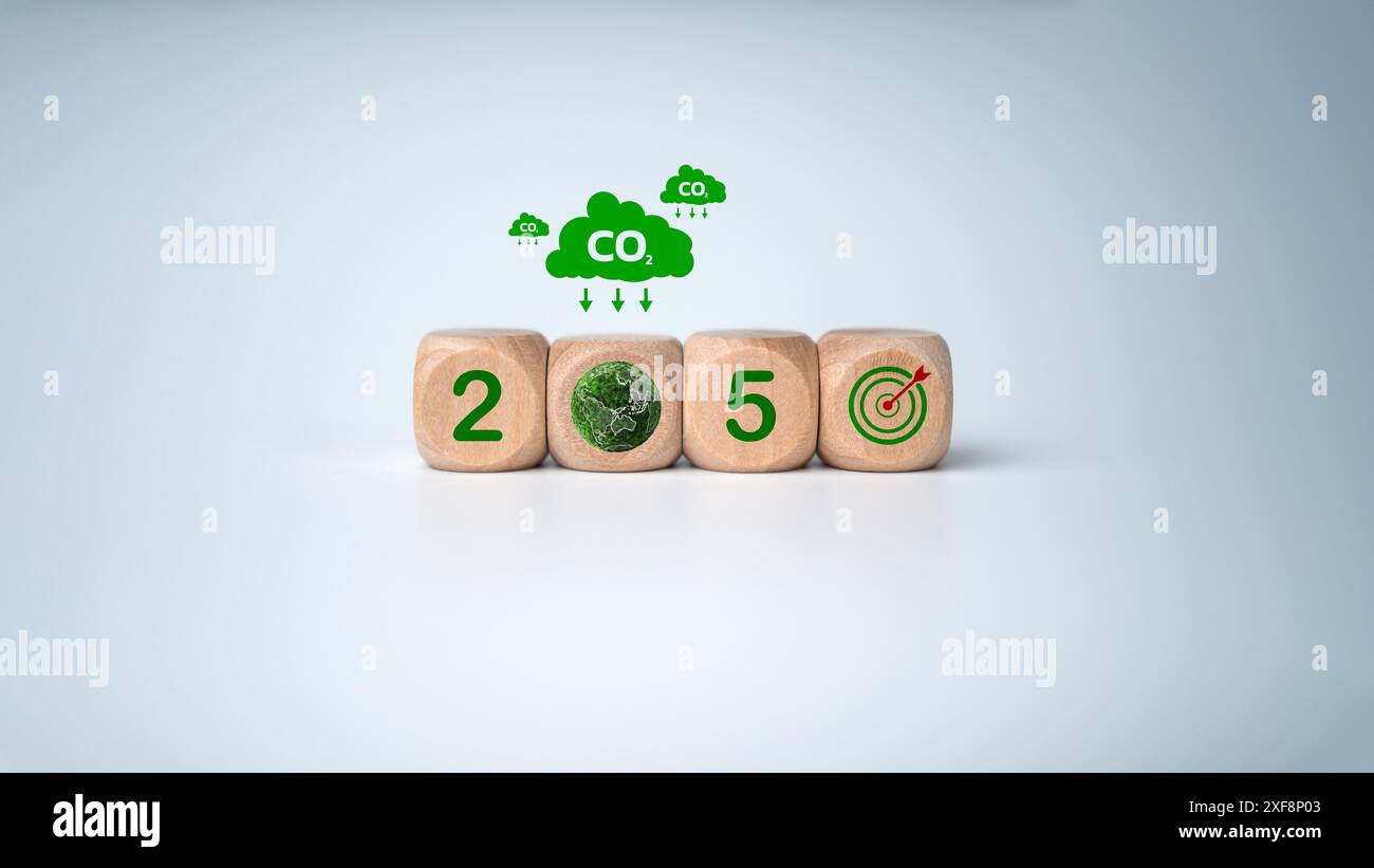 Net zero by 2050, Wooden block with Carbon credit symbol in 2050 on ...