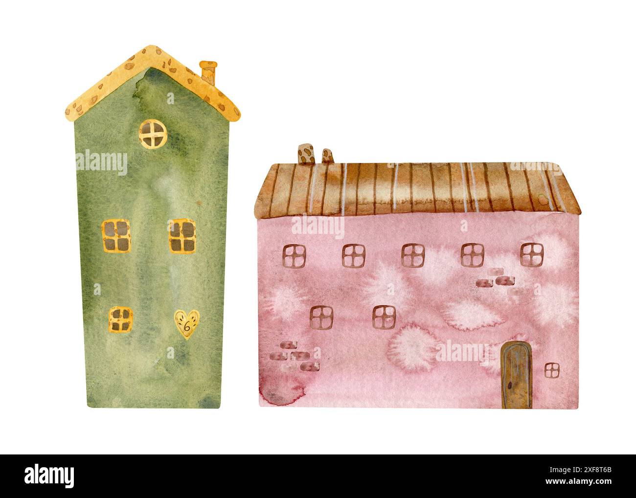 Set of cute watercolor illustrations of country houses. Hand drawn ...