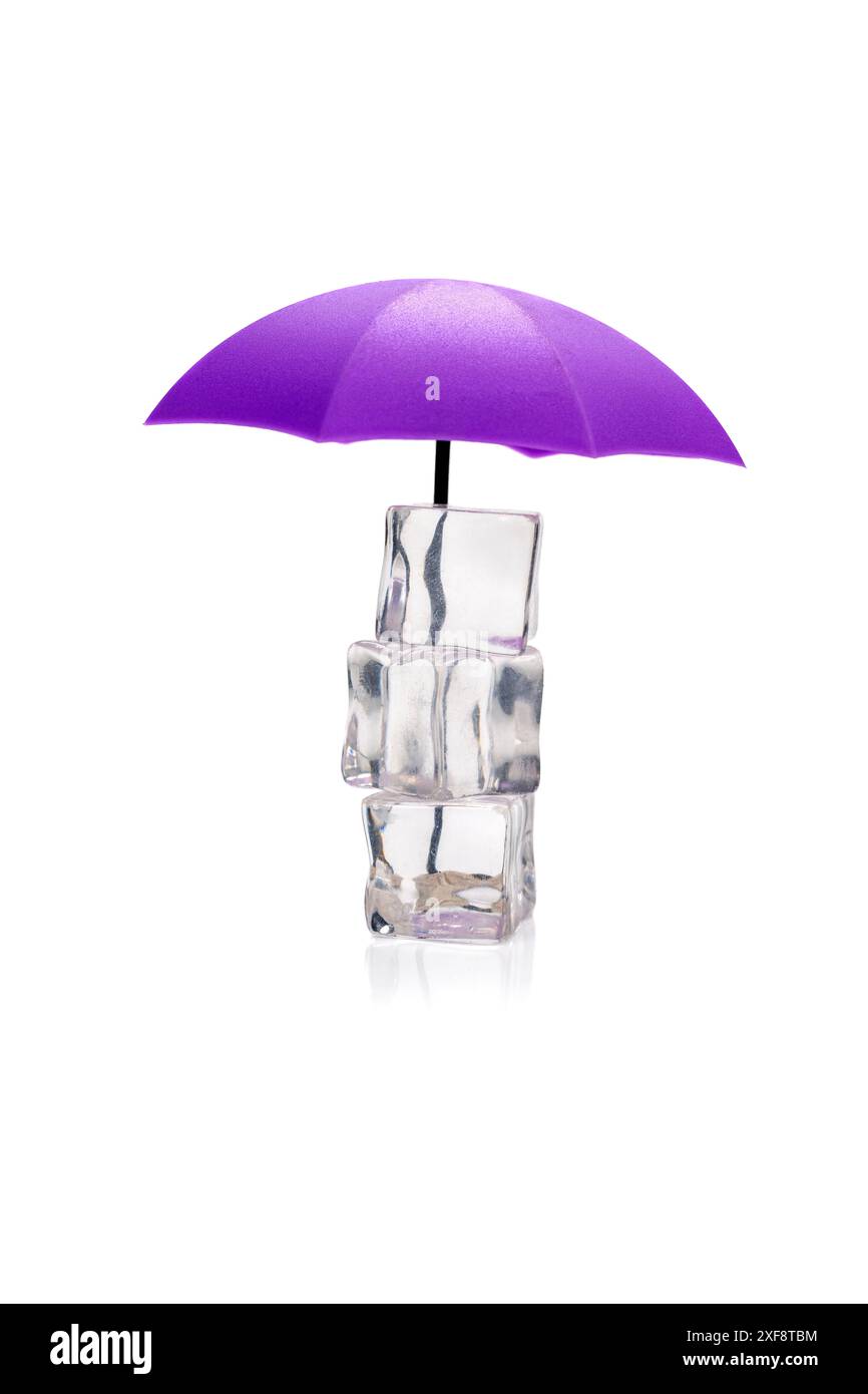 Purple umbrella is protecting a precarious stack of three melting ice ...
