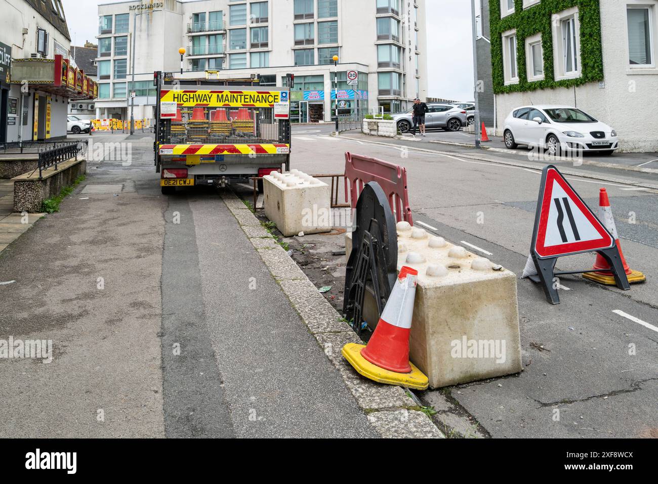 Road works in a street in Newquay town centre in Cornmwall in the UK ...