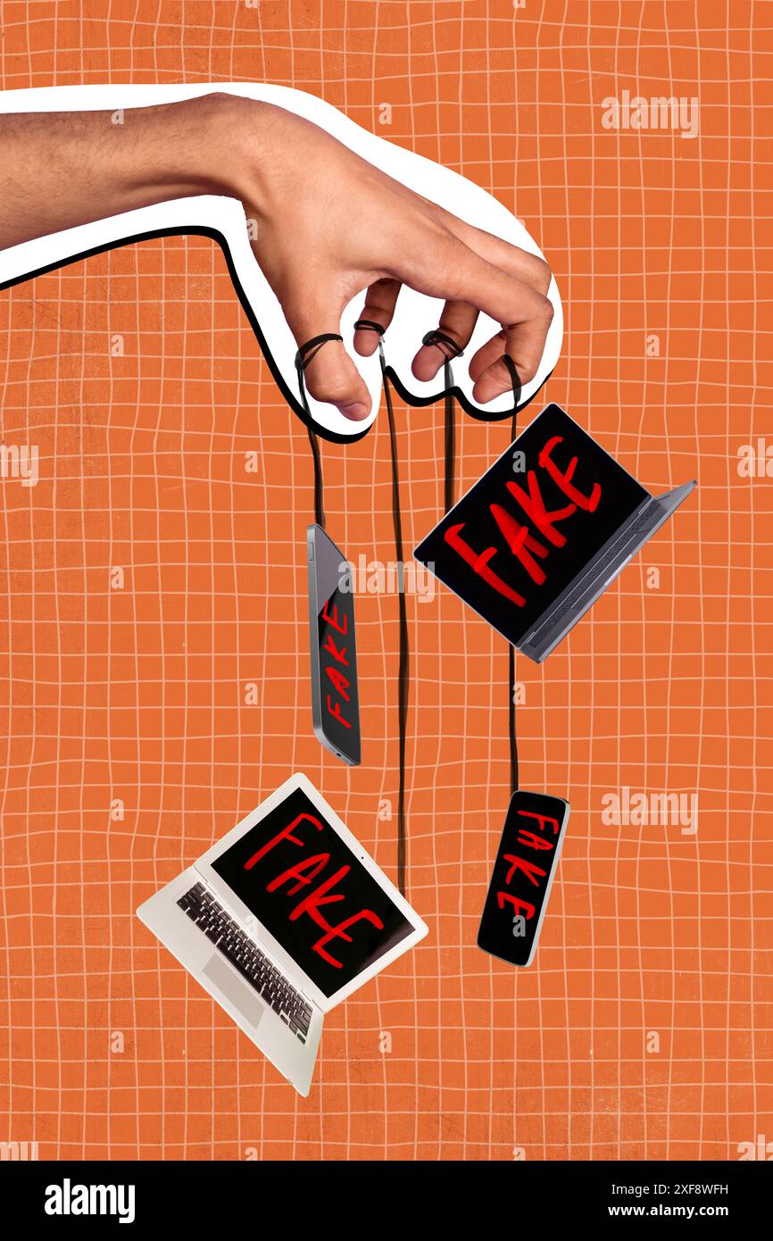 Creative poster collage of hand hold netbook fake news propaganda ...