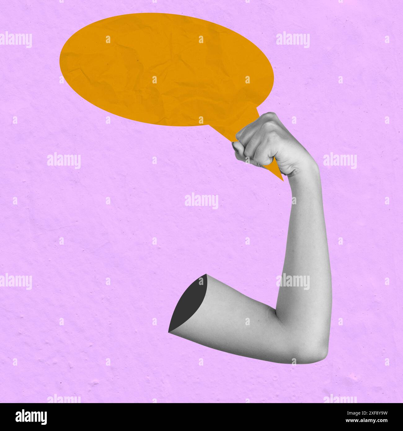 The human hand shows his arm while holding an empty bubble speech on a ...