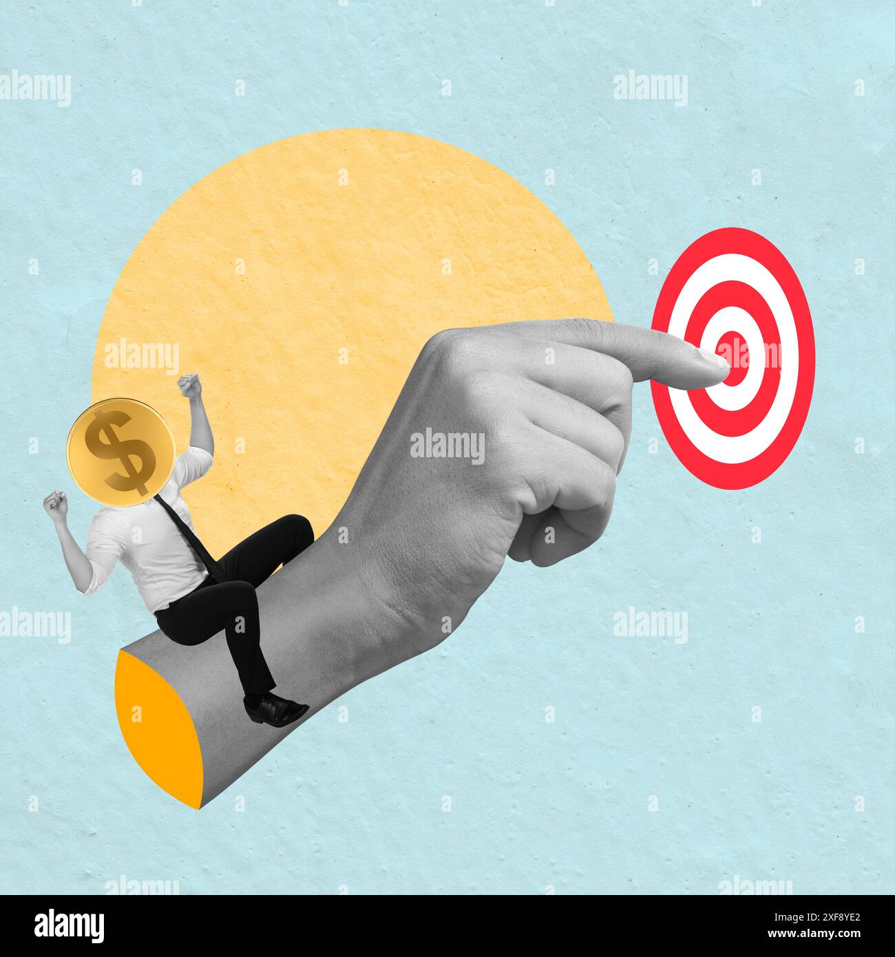 A businessman with a golden dollar coin head sitting on a human hand ...