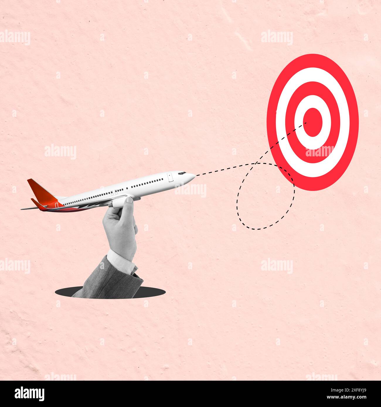 Business hand holding passenger airplane for flying to target on a ...