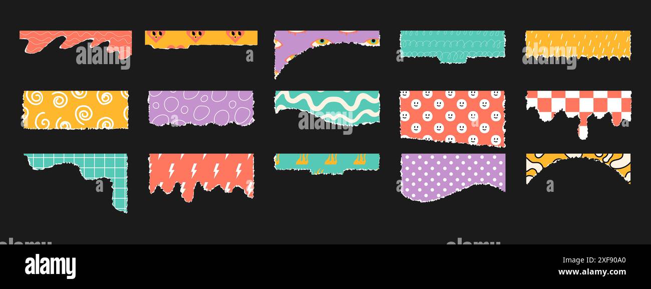 Set of torn or ripped paper sheet with funny pattern. Design elements ...