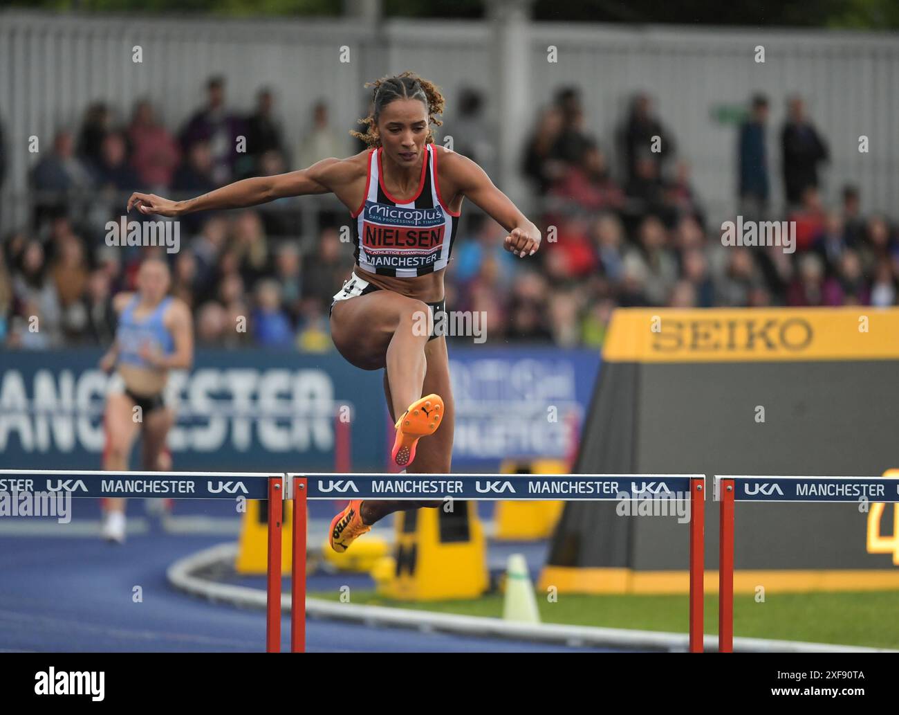 Lina Nielsen competing in the women's 400m hurdles final at the UK ...