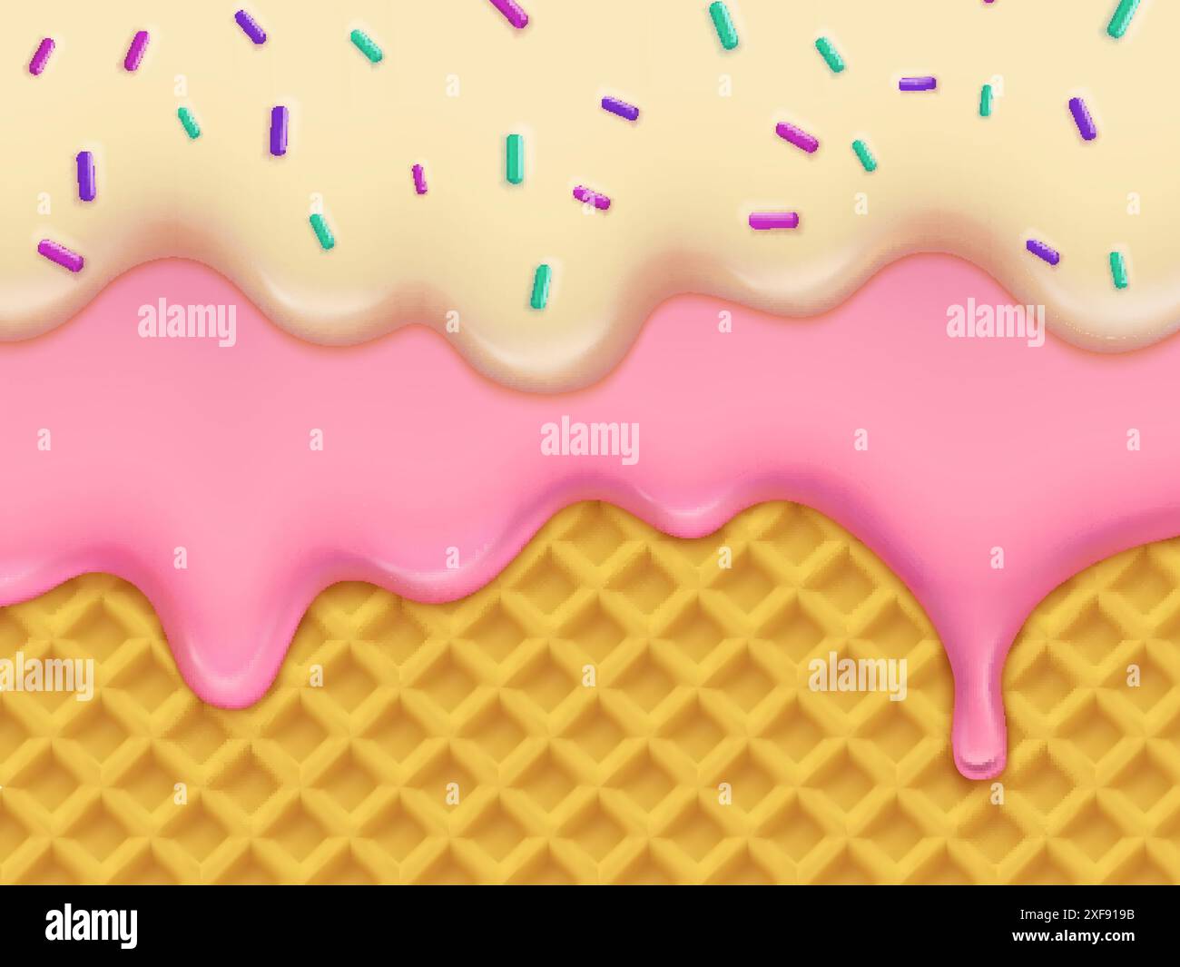 Realistic strawberry and vanilla ice cream melting drip with candy ...