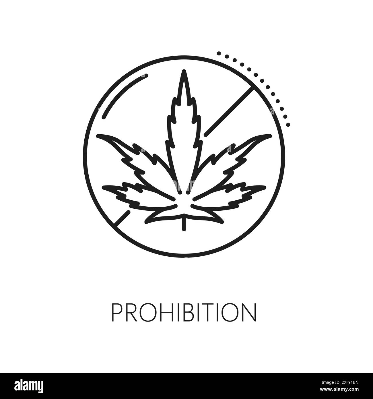 Cannabis prohibition line icon of CBD marijuana or weed leaf in stop ...