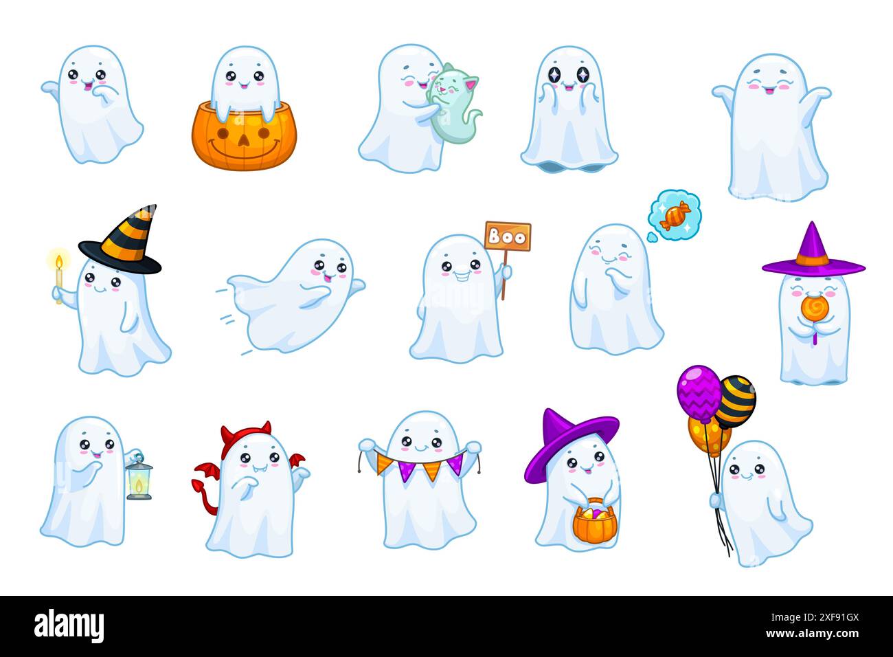 Halloween kawaii ghost characters and funny cute boo poltergeist for ...