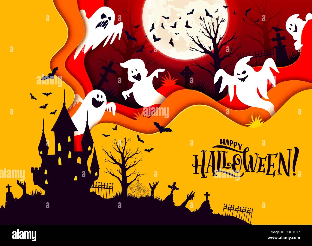 Halloween paper cut banner with dark castle and ghosts on cemetery ...