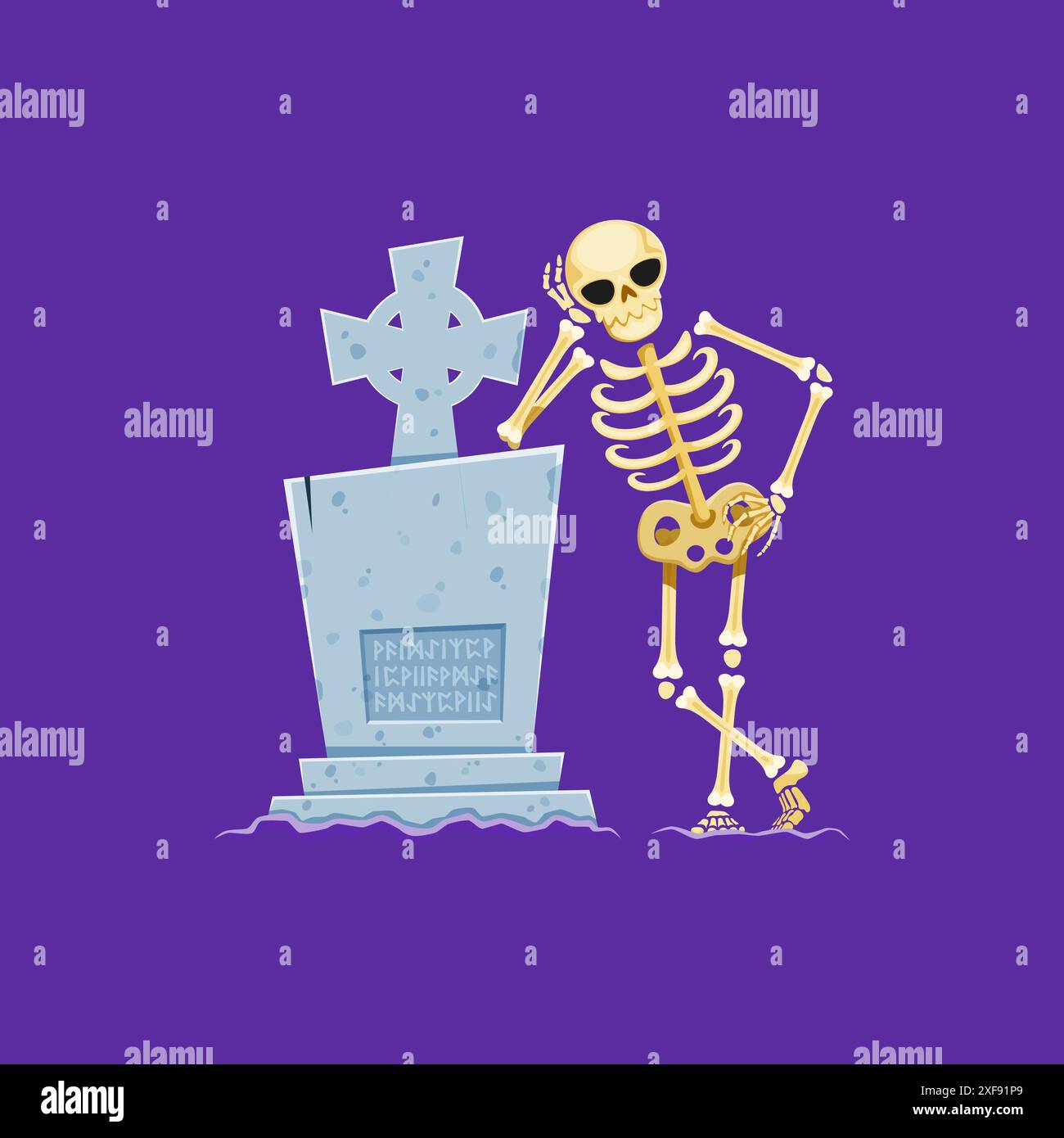 Cartoon Halloween scary skeleton character near tombstone. Vector scene ...