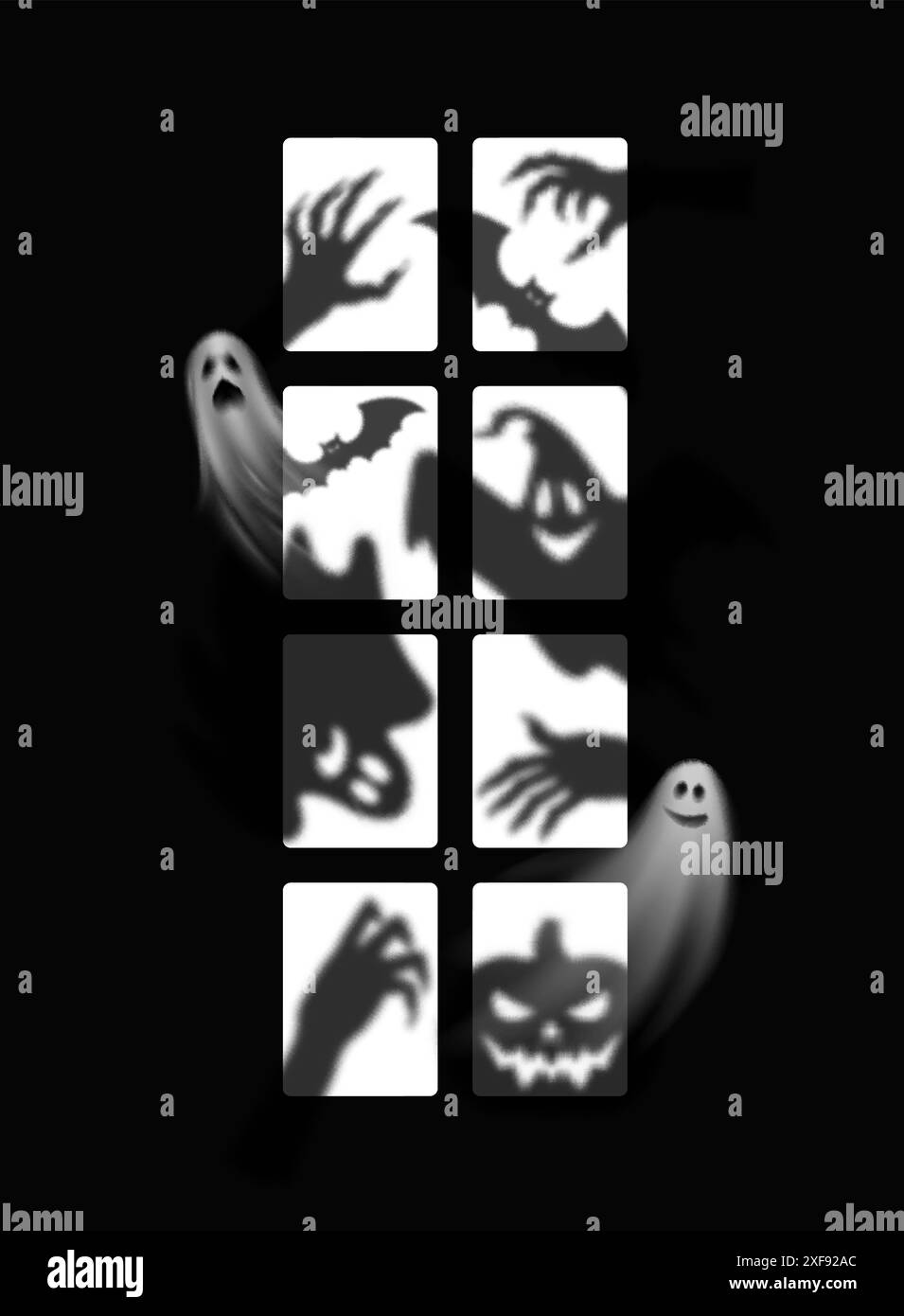 Realistic ghost monster silhouettes at Halloween window. Eerie shadows ...