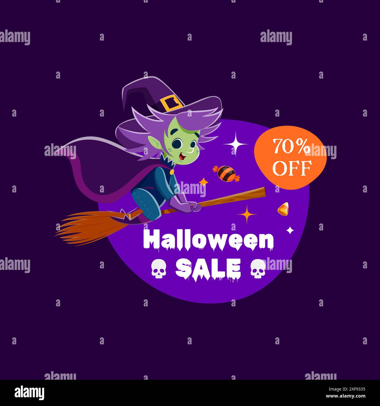 Halloween sale frame and kawaii witch character flying on broom ...