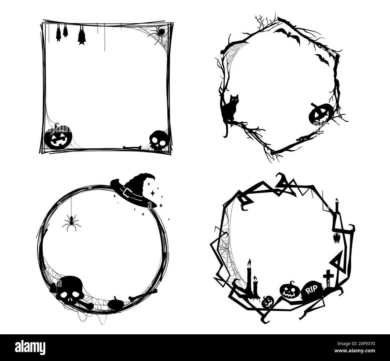 Black Halloween holiday frames with spooky pumpkins and spider cobwebs ...