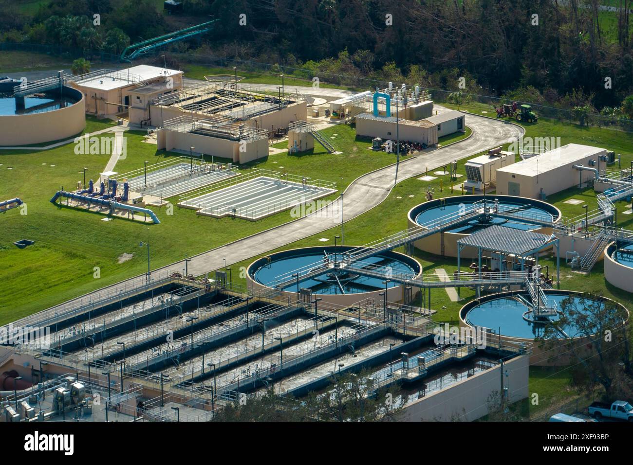 Aerial view of water treatment factory at city wastewater cleaning ...