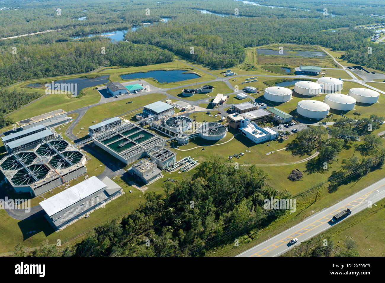 Aerial view of water treatment factory at city wastewater cleaning ...