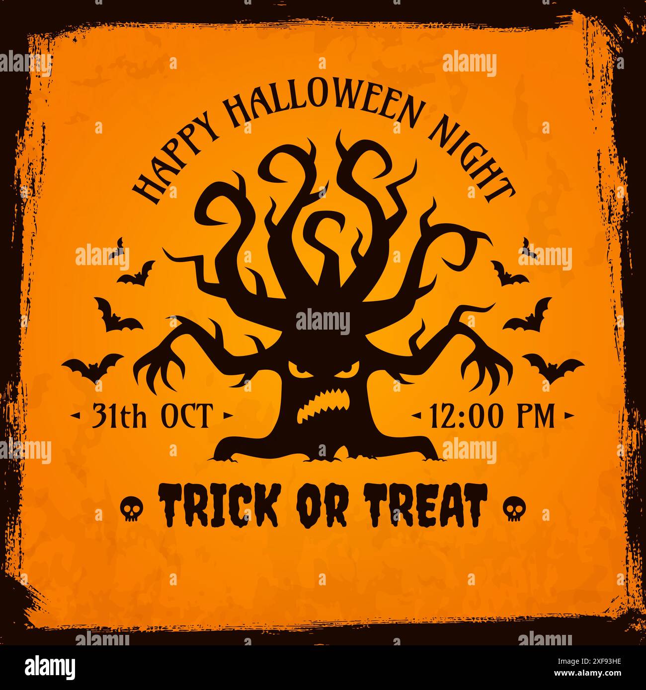 Halloween grunge poster with scary tree. Vector invitation flyer for ...