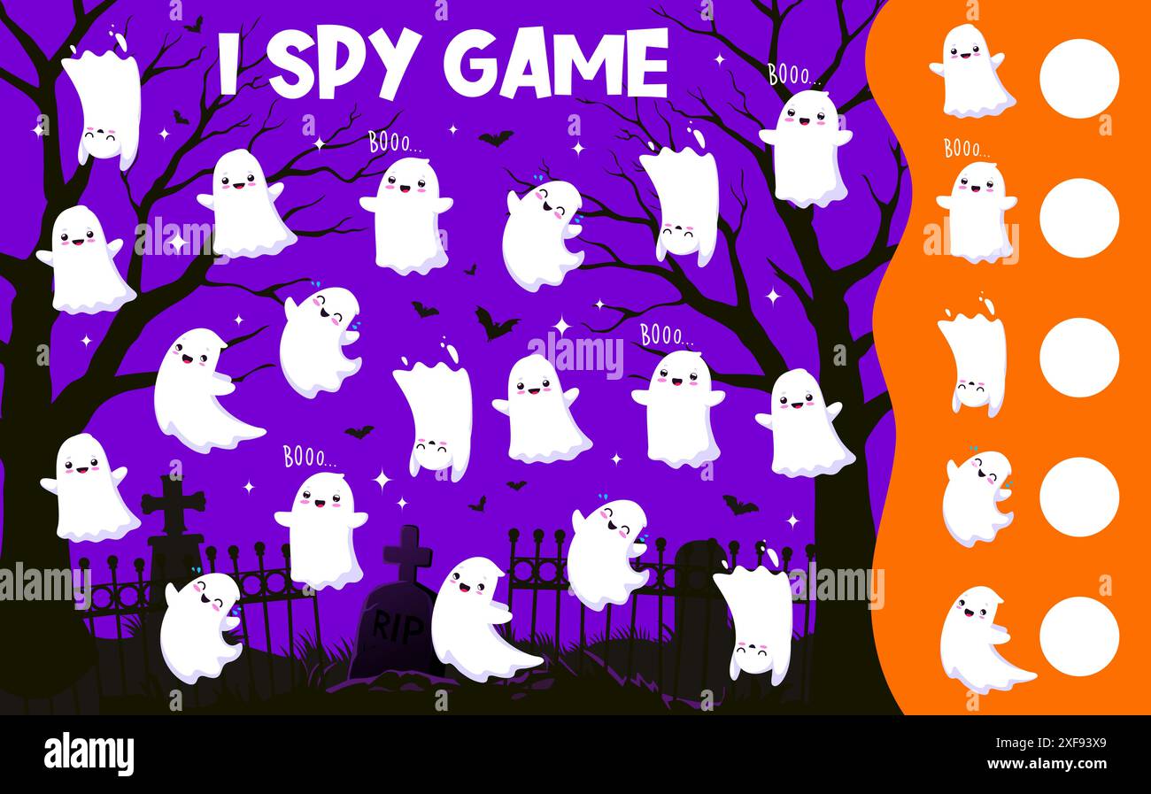 Cute Halloween kawaii ghosts on I spy game worksheet, vector kids ...