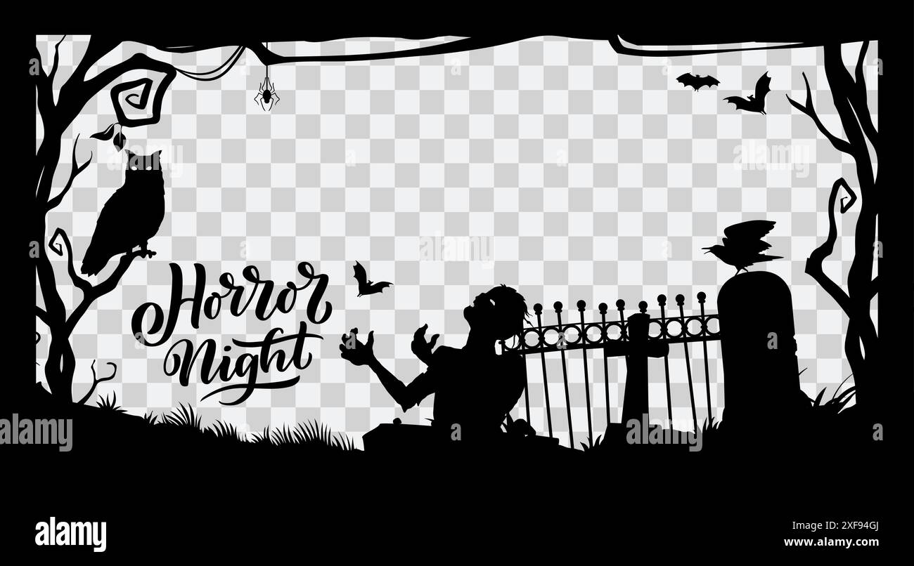 Halloween social media black frame with cemetery tombstones and zombie ...