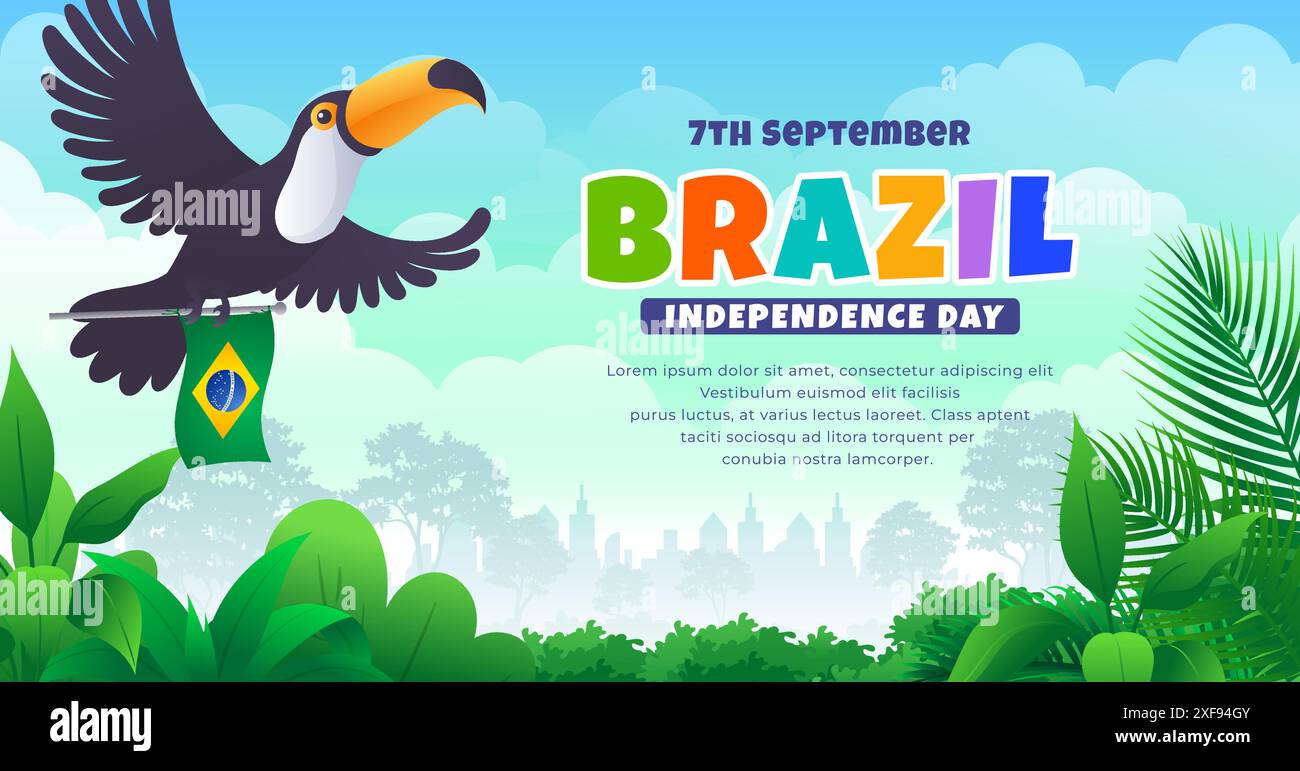Brazil Independence Day banner design, toucan bird flying and holding ...